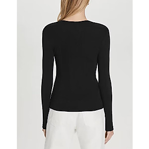 REVETRO Women's Long Sleeve V Neck T Shirt 2024 Fall Ribbed Knit Slim Fitted Casual Solid Color Basic Tee Tunic Tops Black Small…