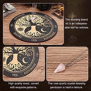 INFUNLY Witch Pendulum Board Tree of Life Round Wooden Divination Board 7.9" Sun Moon Metaphysical Message Board with Crystal Necklace Witchcraft Wicca Altar Supplies Kit