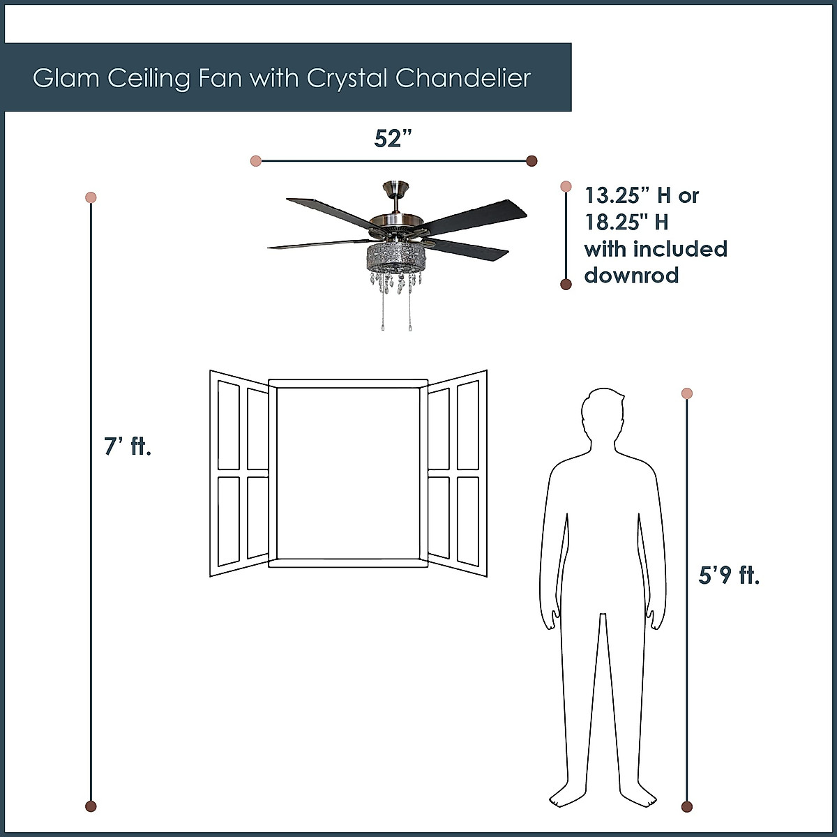 RIVER OF GOODS LED Ceiling Fan with Crystal Chandelier - 52" L x 52" W - Glam Ceiling Fan with Lights