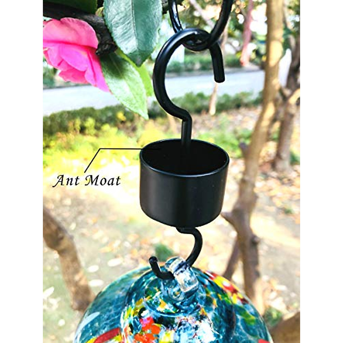 REZIPO Hummingbird Feeder with Perch - Hand Blown Glass - Blue - 38 Fluid Ounces Hummingbird Nectar Capacity Include Hanging Wires and Moat Hook