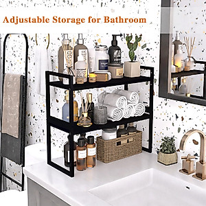 DOLALIKE Expandable kitchen Countertop Organizer, Stackable Cabinet Shelf Organizers, Space Saving Spice Rack Pantry Storage for Bathroom Office Organization (Black, 2 Pack)