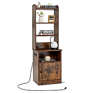 LOKO Nightstand with Charging Station, 55" Tall Bedside Table with Adjustable Shelves, Multifunctional End Table Bookcase with Open Storage Shelves, Modern Night Stand with Charger (Rustic Brown)