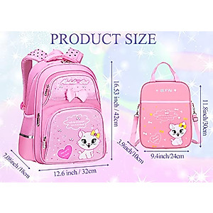 MOCCNORA Girls Backpack 16 Inch Cute Cat Backpack for Girls Princess Bowknot Backpack with Lunch Bag for Primary Students