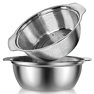 304 Stainless Steel Colander With Handle, 2-Quart Micro-Perforated Strainer Colander Set with Mixing Bowl, BPA Free, Great for Draining Cooked Pasta, Noodles,Washing Vegetables, Fruits(2PC)
