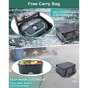 Andmenow 80W Faster Electric Lunch Box, Home Office Truck Car Food Warmer, Portable Food Heater with 304 Stainless Steel Container, Spoon & Fork and Carry Bag (GreyGreen)