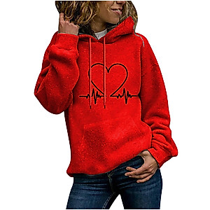 deals of the day cropped sweatshirt Women's Loose Fit Long Sleeve Hooded Sweatshirts Fashion Heart Graphic Design Pullover Lightweight Sweatshirts Red L
