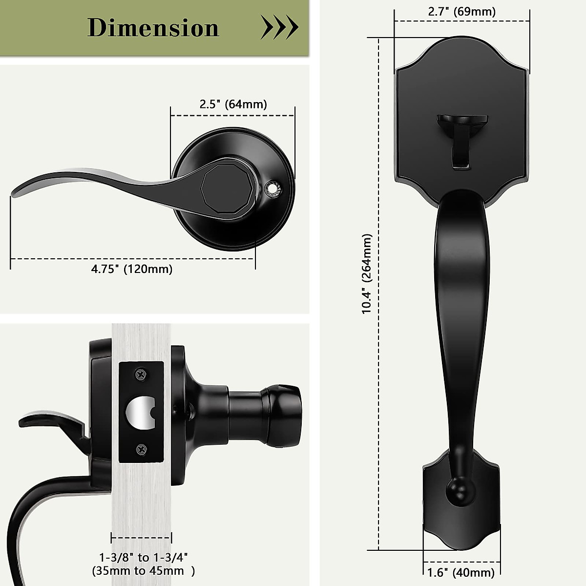 Tinewa Single Cylinder Exterior Handleset, Keyless Front Door Handle with Lever Inside, Low Profile Front Lock Handleset with Halifax Black Finish, Reversible for Right & Left Sided