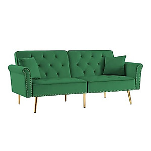SZLIZCCC 76.7" Velvet Futon Sofa Bed, Copper Nail Decoration Accent Sofa, Convertible futon Couch, backrest can be Adjusted at Three Angles, Sleeper Sofa, Bed Size-Twin.(Green)