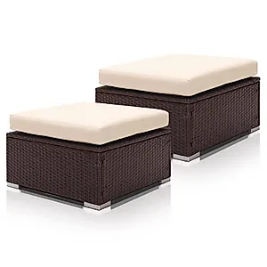 NICESOUL Modern Luxury All-Weather Outdoor Wicker Ottoman Set of 2 Fine Brown PE Rattan Alloy Steel Frame Footrest Wide Deep Seat 2 Pieces Foot Stools with Thicken Cushions for Indoor Outdoor Patio