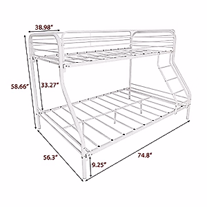 HomJoones Heavy Duty Metal Bunk Bed Twin Over Full Size, Heavy Duty Floor Bunk Beds Frame with Enhanced Upper-Level Guardrail (White)