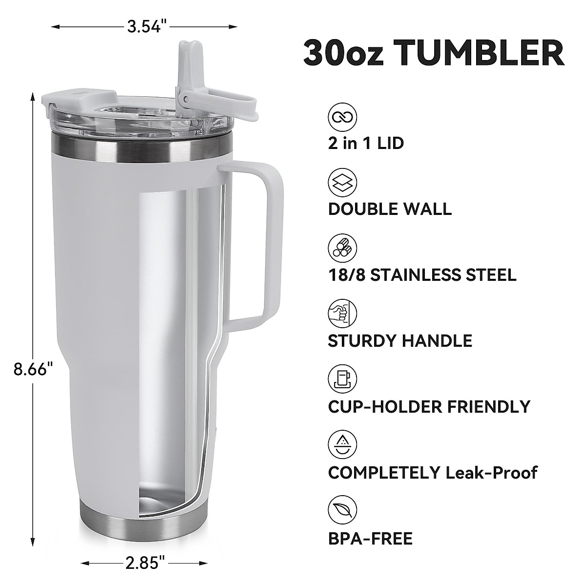 30oz Tumbler with Handle, Insulated Leak Proof Coffee Travel Mug with Straw Lid Double Wall Stainless Steel Vacuum Tumblers Metal Cup Keep Hot and Iced Drink for Gym, Office, Camping, White 1 Pack