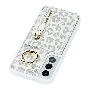 Jaorty for Samsung Galaxy S21 5G Phone Case for Women with Card Holder,Galaxy S21 Case Wallet Crossbody Lanyard with Strap,Credit Card Slots Kickstand Case with Ring Holder,6.2 Inch,White Leopard