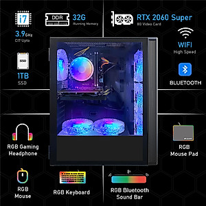 STGAubron Gaming Desktop PC,Intel Core i7 3.4G up to 3.9G,GeForce RTX 2060 Super 8G GDDR6,32G,1TB SSD,WiFi,BT 5.0,RGB Keybaord,RGB Mouse Pad,RGB BT Sound Bar,RGB Bluetooth Headset Mic,W10H64