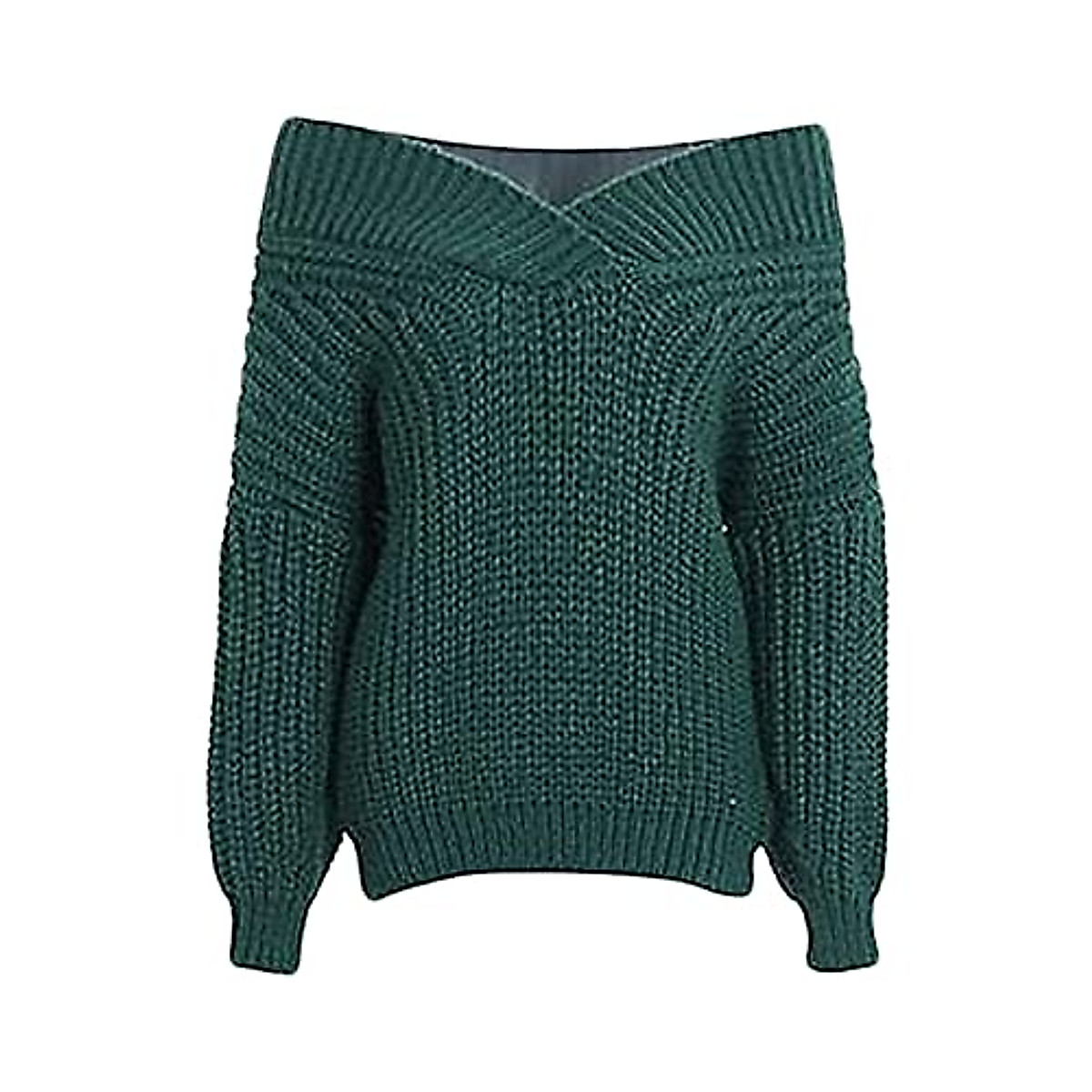 Women's Off Shoulder V Neck Knit Sweater Long Sleeve Waffle Knit Pullover Casual Loose Cable Jumper Tops (3X-Large,Green)