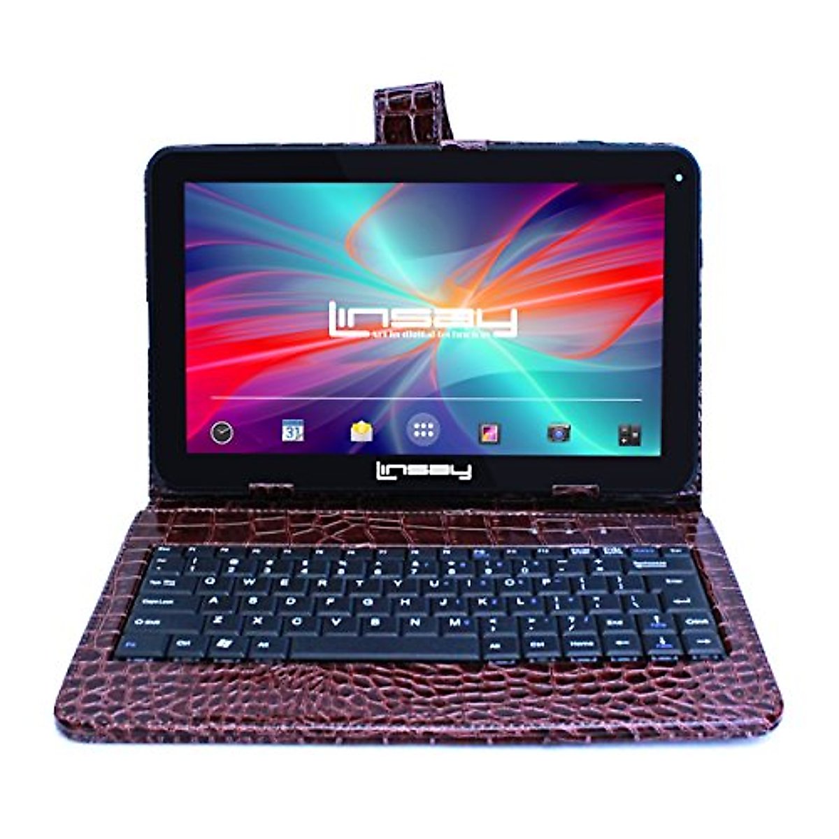 LINSAY 10.1" Quad Core 2GB RAM 32GB Android 11 Tablet with Brown Crocodile Style Keyboard
