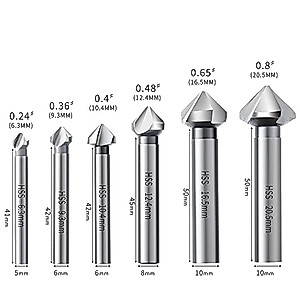 HUAZHICHUN Countersink Drill Bit Set 6 pcs High Speed Steel 3 Flute 85 Degree Steel Counter Sink for Wood and Metal in Sizes 1/2",1/3",1/4",2/3",2/5",4/5" Set