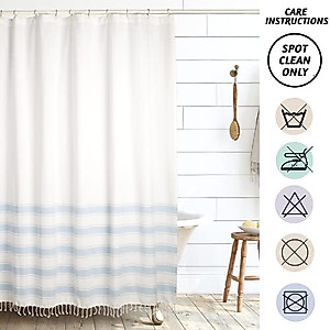 Folkulture Boho Shower Curtain Blue, 72 inch Shower Curtains for Bathroom with Tassels for Bathroom Décor, Water Repellent, Recycled Cotton, (Dusty Blue)