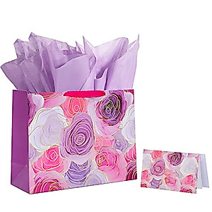 13" Large Gift Bag with Tissue Paper and greeting Card envelope for Women's Birthday, Bridal showers,Wedding gift (Purple Flower)