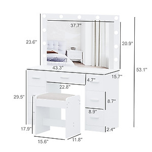 Irontar Vanity Desk with Stool, Makeup Table with Lighted Mirror, 3 Color Lighting Modes, Brightness Adjustable, Dressing Table with Drawers, Vanity Table Set for Women, White WDT004WD