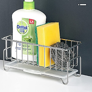 Sponge Holder Kitchen Sink Caddy Organizer,304 Stainless Steel Sink Soap Dispenser Caddy Rustproof Sink Rack Kitchen Sink Sponge Holder Soon Neat Sink Caddy Basket with Removable Divider Drain Tray
