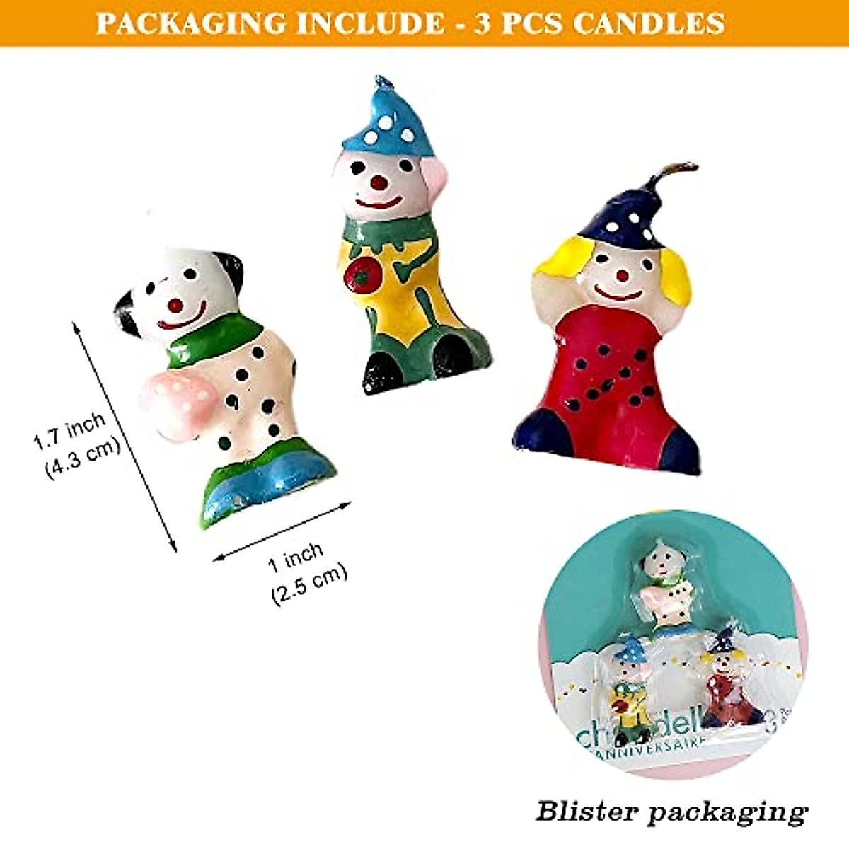 Clown Birthday Candles, Circus Carnival Themed Candles for Birthday Party Baby Shower Cake Cupcake Decorations - Set of 3