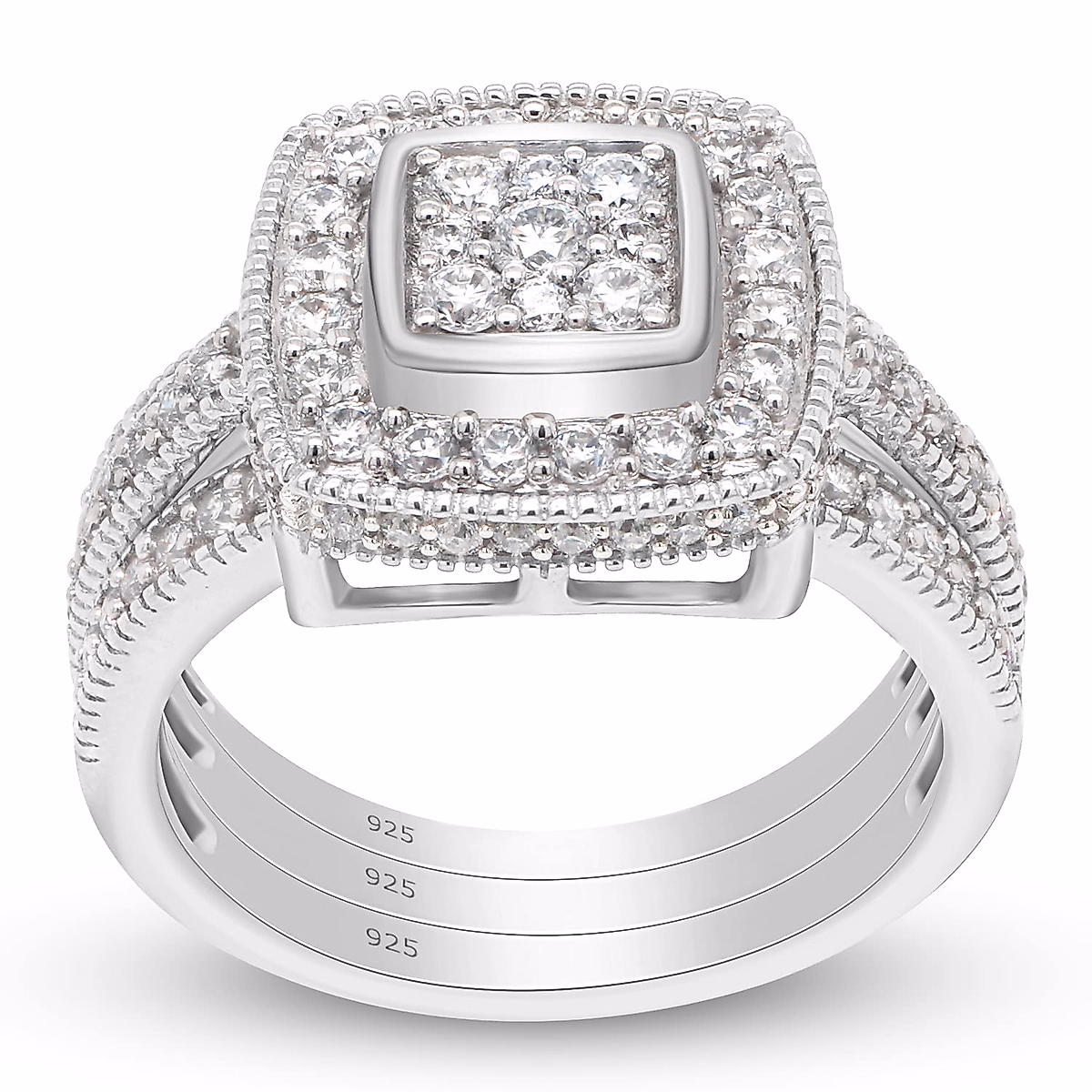 SAVEARTH DIAMONDS 1 Carat Round Cut Lab Created Moissanite Diamond Square Cluster Engagement Trio Ring In 14K White Gold Over Sterling Silver Wedding Ring Band Set(VVS1 Clarity, 1 Cttw)-10