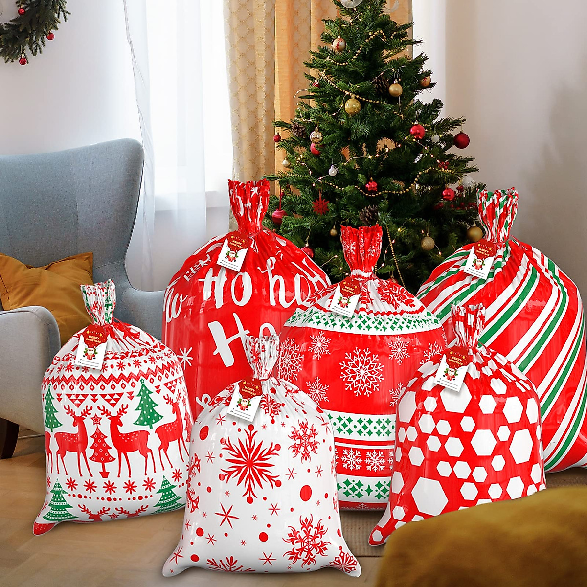 Large Christmas Gift Bag for Christmas Presents- 6Pcs Jumbo Plastic Christmas Red and White Gift Bags with Gift Tags and Ribbon for Christmas Big Gift Wrapping Holiday Goody Bag Party Favor Supplies