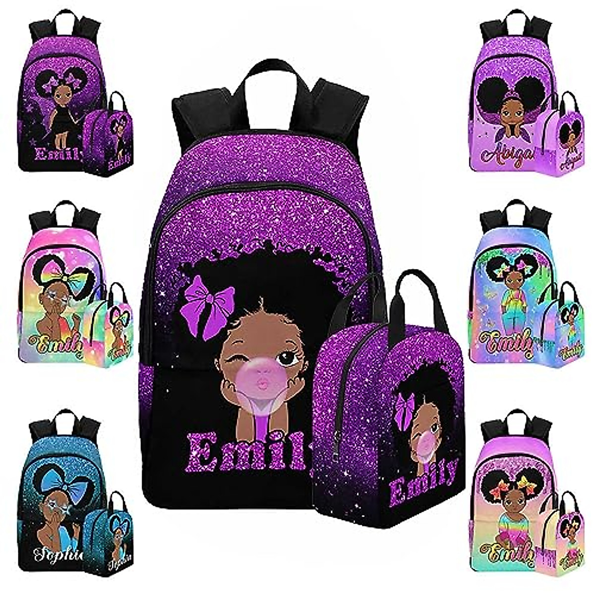 InterestPrint Personalized African American Afro Princess Bubble with Red Light Backpacks for Girls Backpack Kids School Book Bags Travel Laptop Daypack, Multi-Pocket