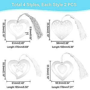 AHANDMAKER 8 Pcs Stainless Steel Bookmarks, Unique Heart Bookmark, Metal Hollow Bookmark with Tassels for Book Lovers Wedding Party Favors(4 Styles)