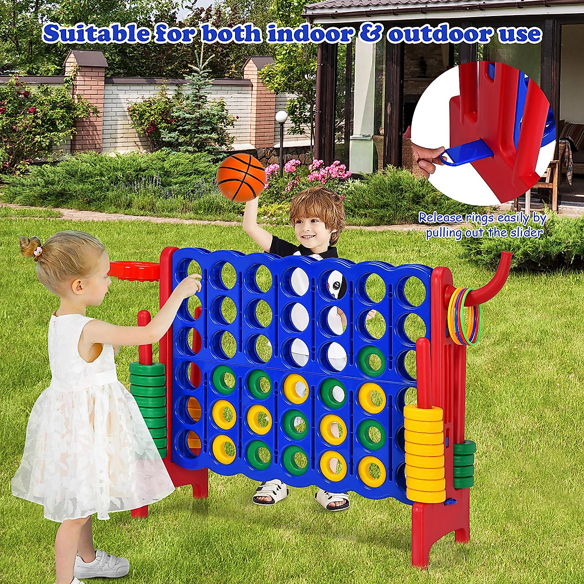 Costzon Giant 4-in-A-Row, Jumbo 4-to-Score Giant Game w/Basketball Hoop, Ring Toss, Quick-Release Slider, 42 Jumbo Rings, Indoor Outdoor Family Connect Game for Kids & Adults, Backyard Games, Red