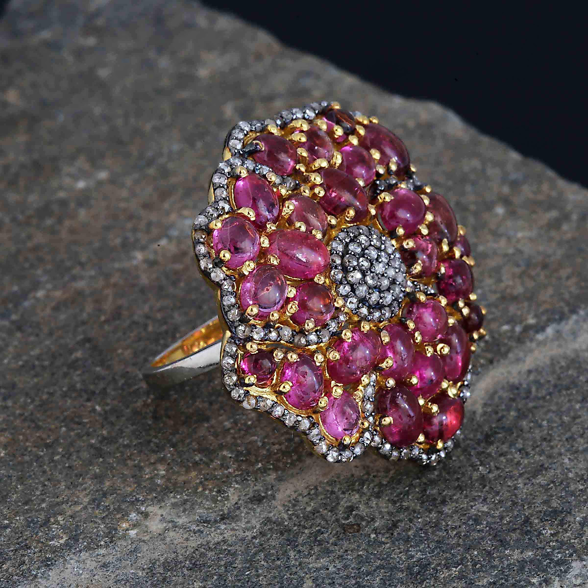 Certified Gemstone diamond Ring with 1.38 Carat Brown Natural Diamond (I2-I3 Clarity) and Precious 10.95 cts. Pink-Tourmaline 925 Sterling Silver Flower Ring For Women, Big Ring