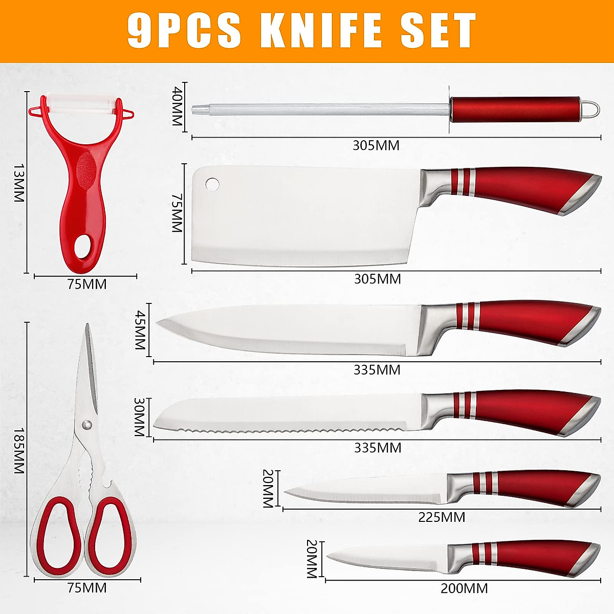Kitchen Knife Set, 9-Piece Red Knife Set with Acrylic Block, Non Stick Sharp High Carbon Stainless Steel Chef Knife Set with Sharpener for Kitchen Cutting Kitchen Gifts for Women