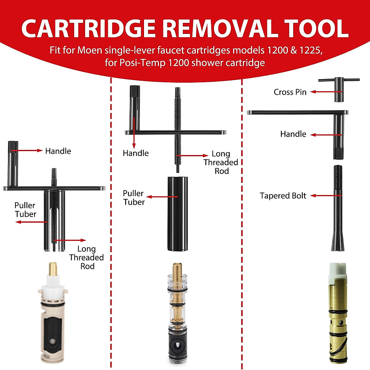 999150 Professional Cartridge Extractor Tool, Cartridge Removal Tool, Cartridge Puller Fit For Moen 1200 1222 & 1225 Posi Temp Series Cartridge 999150-6
