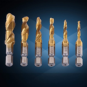6pcs Thread Tap Screw Metric Thread Coated HSS Drill and Tap Bits 1/4" Hex Shank Drill Bits M3-M10