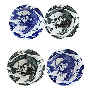 Ebros Gift Blue And Black Japanese And Chinese Longwei Dragons Ceramic Bowls Pack Of 4 Made In Japan Kitchen Dining Asian Cuisine Restaurant Supply Grade Microwave Dishwasher Safe 14oz Soup Salad Bowl