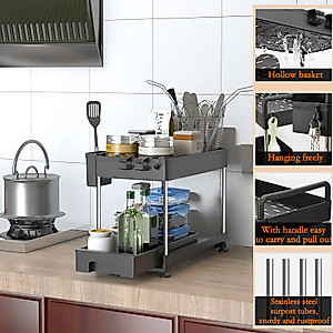 vizoe Under Sink Organizers and Storage 15'' x 8'' x 14'', 2 Tier Sliding Under Sink Storage with Hooks, Hanging Cup, Dividers, Handles, Black Pull Out Cabinet Organizer for Kitchen Bathroom