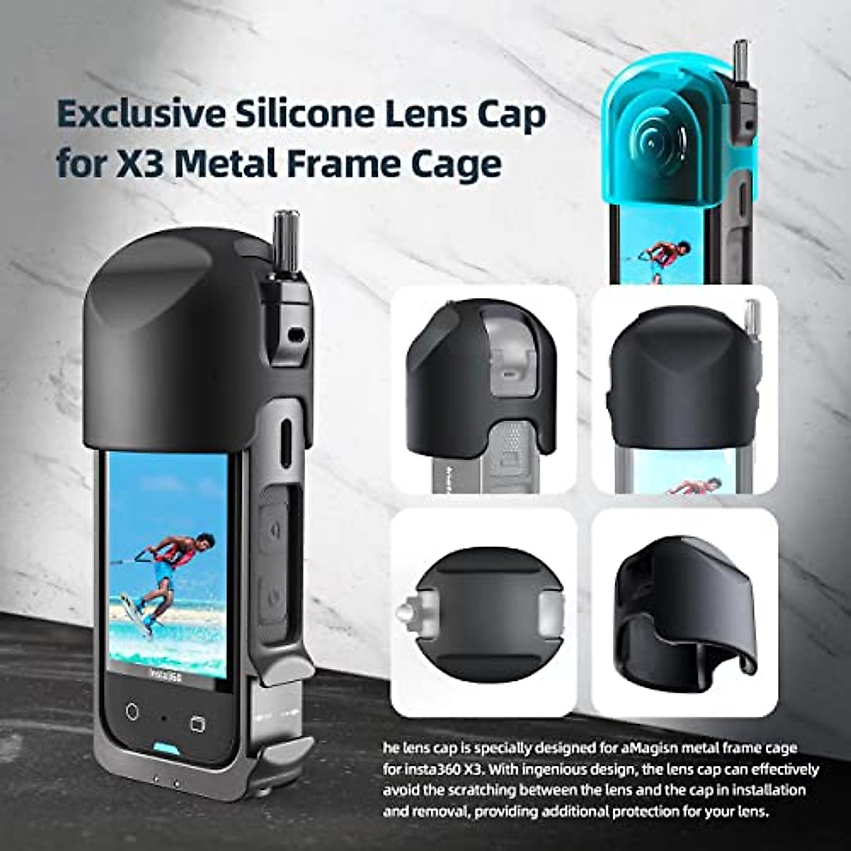 Aluminium Protective Frame and Silicone Lens Guards Cap for Insta360 X3,Metal Durable Housing Cage with Cold Shoe Mount,Bundle Include Metal Cage and Lens Protector