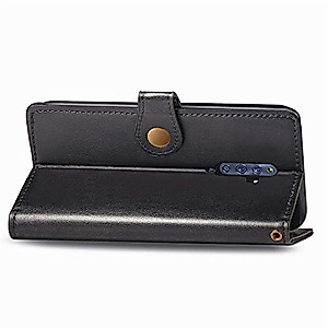 SATURCASE Case for Oppo Reno2 Z, Premium PU Leather Flip Round Magnet Wallet Stand Card Slots Protective Cover with Hand Strap for Oppo Reno2 Z (Black)