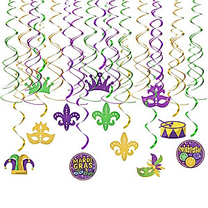 SUNKIM 24Pcs Mardi Gras Decoration Carnival Party Supplies Hanging Swirl Party Decoration Kit with Masquerade Masks Crown Pattern for Mardi Gras Theme Party Carnival New Orleans Photo Prop Supplies VeteransDay