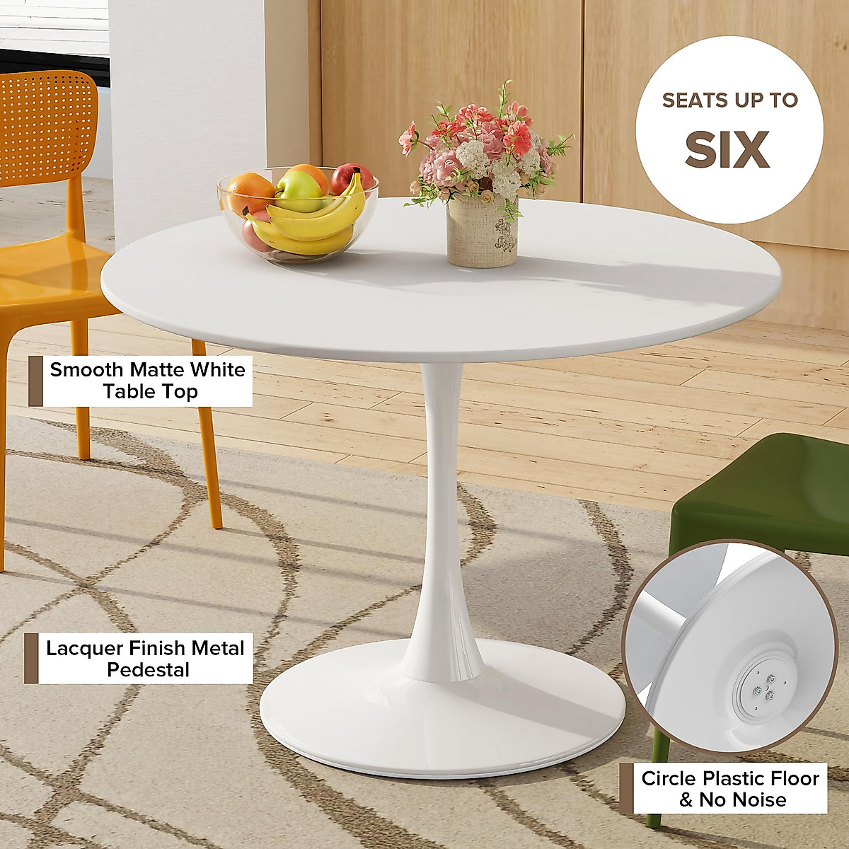Ufurpie 42" Round Dining Table,Mid-Century White Tulip Table,Metal Base Pedestal Table for 4-6 Person,Easy Assembled End Table Leisure Coffee Table