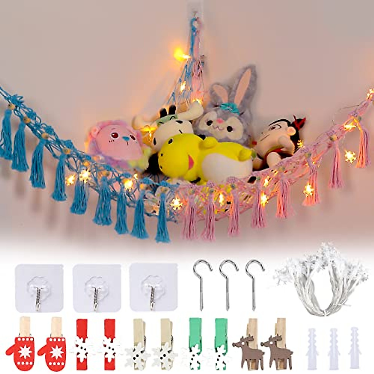 Stuffed Animal Net or Hammock with LED Light Stuff Toy Organizer Hanging Storage Net Handmade Boho Toys Storage Hammock Holder with Wood Beads for Children's Room Kindergarten Nursery (Blue and Pink)