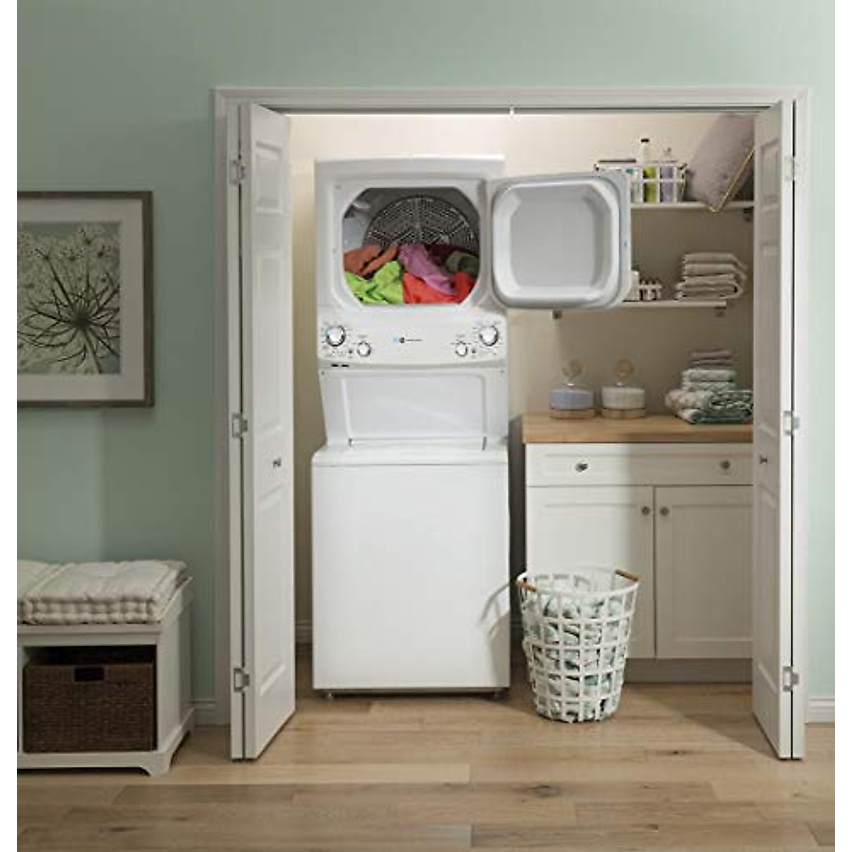 GE GUD27EESNWW 27" Electric Laundry Center with 3.8 cu. ft. Washer Capacity and 5.9 cy. ft. Dryer Capacity in White