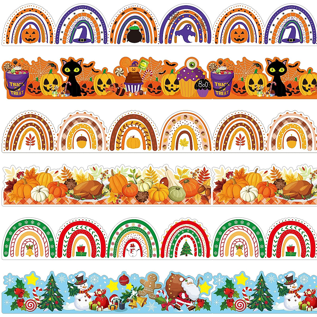 Nezyo 72 Pieces Christmas Bulletin Board Borders Thanksgiving Fall Bulletin Board Trim Halloween Winter Trim Rainbow Blackboard Border Sticker School Decoration Borders, 6 Styles (Cute Style)
