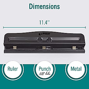 3 Hole Punch, Adjustable, 3 Hole Puncher for Binder, 10 Sheet Capacity Hole Puncher Black Metal Hole Puncher 3 Ring, Rubber Base Three Hole Punch and Easy Clean Tray