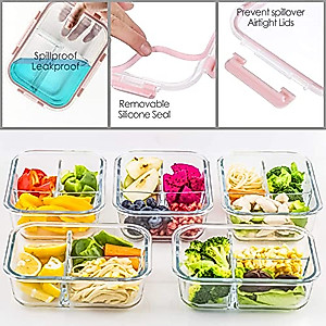CREST 5 Pack Glass Meal Prep Containers 3 Compartment Set, 34oz Food Storage Containers with Lids Airtight