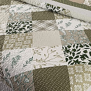 VINILITE Soft Reversible Quilt Set Queen Size, 3 Piece Microfiber Checkered Patchwork Quilted Bedspread Coverlet Bedding Set for All Season with 2 Pillow Shams, Leaf Plant Pattern Stitching, Green