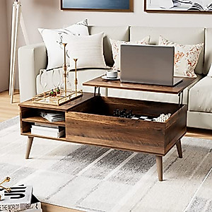 Furmax Lift Top Coffee Table for Living Room, Small Coffee Table with Adjustable Storage Shelf, Hidden Compartment and Metal Frame, Wood Mid Century Modern Coffee Table Retro Center Table (Rustic Oak)