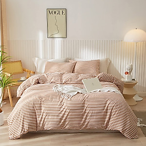 EAVD Duvet Cover Queen White and Khaki Striped Duvet Cover Soft Microfiber Modern Striped Gemetric Pattern Bedding Set with 2 Pillowcases Reversible Striped Comforter Cover with Zipper Closure