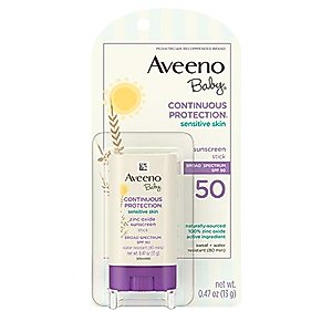 Aveeno Baby Continuous Protection Sensitive Skin Mineral Sunscreen Stick with Broad Spectrum SPF 50 for Face & Body, Naturally Sourced 100% Zinc Oxide, Travel Size, 0.47 Oz