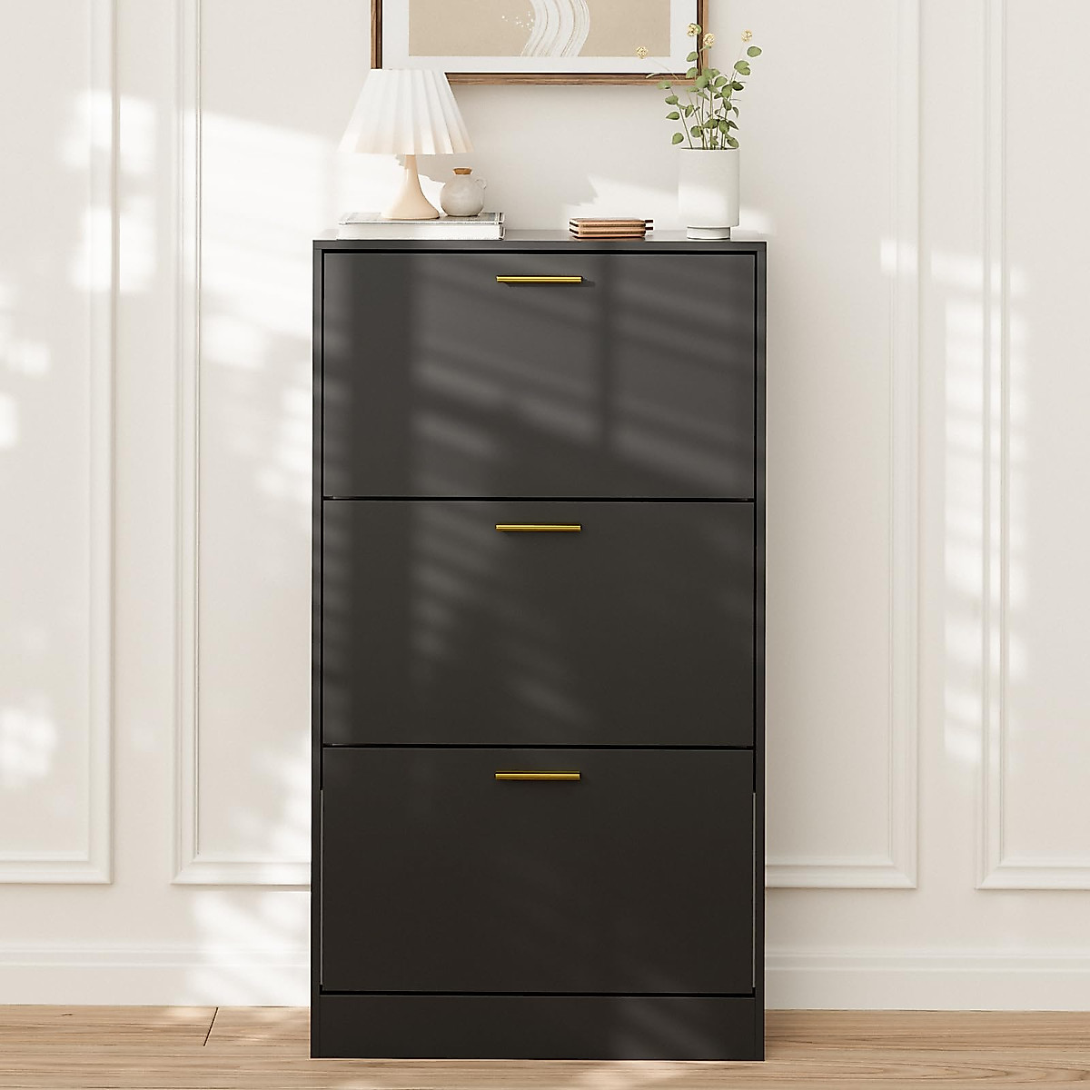 LYNSOM Shoe Cabinet, Free Standing Tipping Bucket Shoe Rack Organizer with 3 Flip Drawers, Modern Entryway Shoe Storage with Top Display, Narrow Slim Hidden Shoe Cabinet (Black)